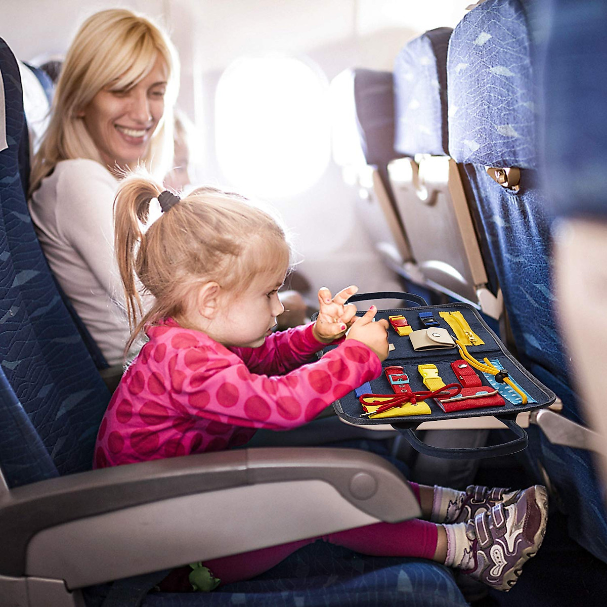 FBve Toddler Busy Board, Montessori Basic Skills Activity Board for Fine Motor Skills & Learn to Dress - Educational Learning Toys for Toddlers - Sensory Toy for Airplane or Car Travel