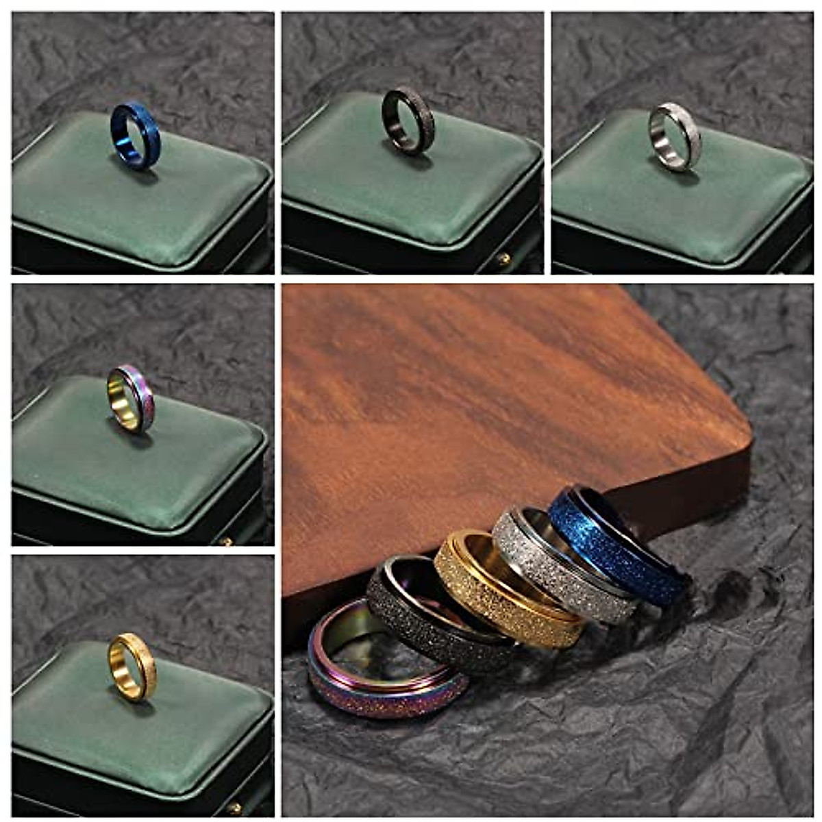 Supra Diamanto 9pcs Spinner Rings for Women Anxiety Relief -Size 7-12 Fidget Rings, Sand Blasted Finished Band Set, Anxiety Ring Spinner Fidget Band Chain Rings for Women Men (A 9, 8)