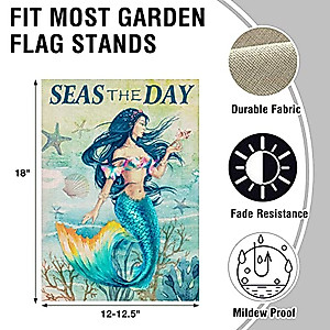 Artofy Seas the Day Spring Mermaid Nautical Home Decorative Garden Flag, Coastal House Yard Shell Starfish Coral Conch Outside Decor, Summer Beach Tropical Outdoor Small Decoration Double Sided 12x18