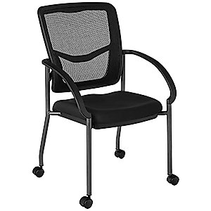 Office Star ProGrid Deluxe Stackable Visitor's Chair with Breathable Back and Padded Lumbar Support Seat, with Rolling Casters, Coal FreeFlex