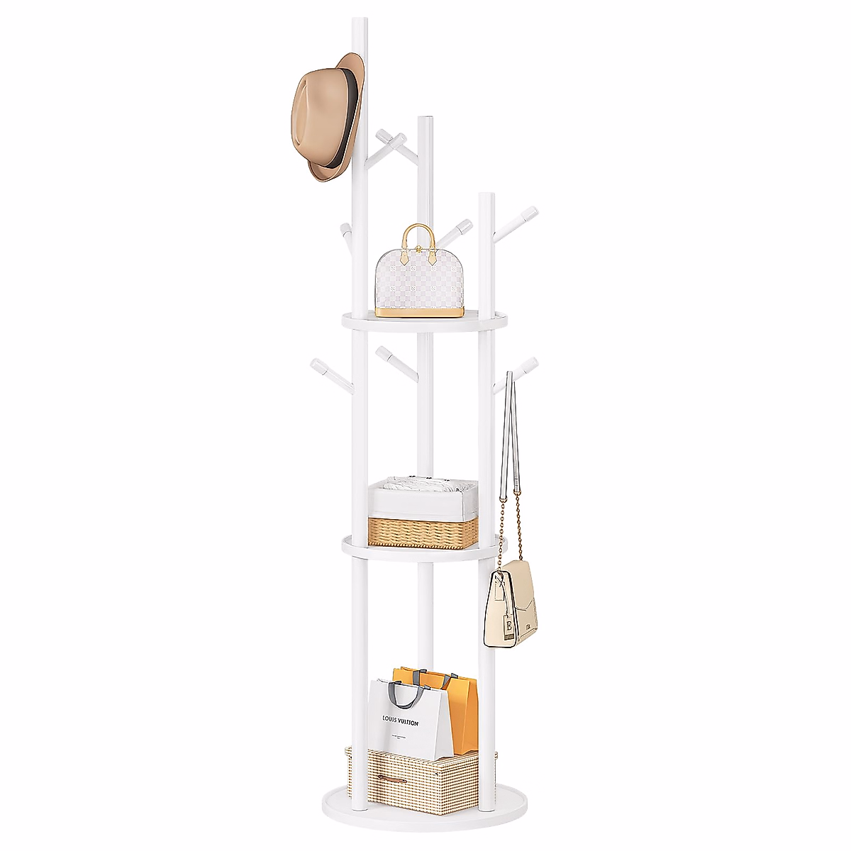 XIDIHF Freestanding Coat Rack with 9 Hooks & 3 Storage Shelves, Wooden Hat Rack Stand for Entryway, Hallway & Bedroom – Ideal for Hanging Clothes, Hats, Bags, Keys, White