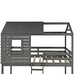 MERITLINE Twin Over Twin Bunk House Bed, Solid Wood Bunk Bed Frame with Roof,Window,Guardrail,Ladder for Toddlers, Kids, Teens, No Box Spring Needed (Grey)