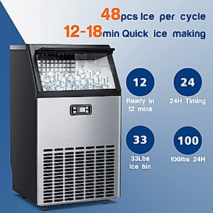 ZAFRO Commercial Ice Maker, 100lbs/24H Ice Machine with 33lbs Ice Bin, Self-Cleaning Under Counter Stainless Steel Freestanding Ice Maker for Restaurant/Bar/Cafe/Office Silver, Includes Scoop