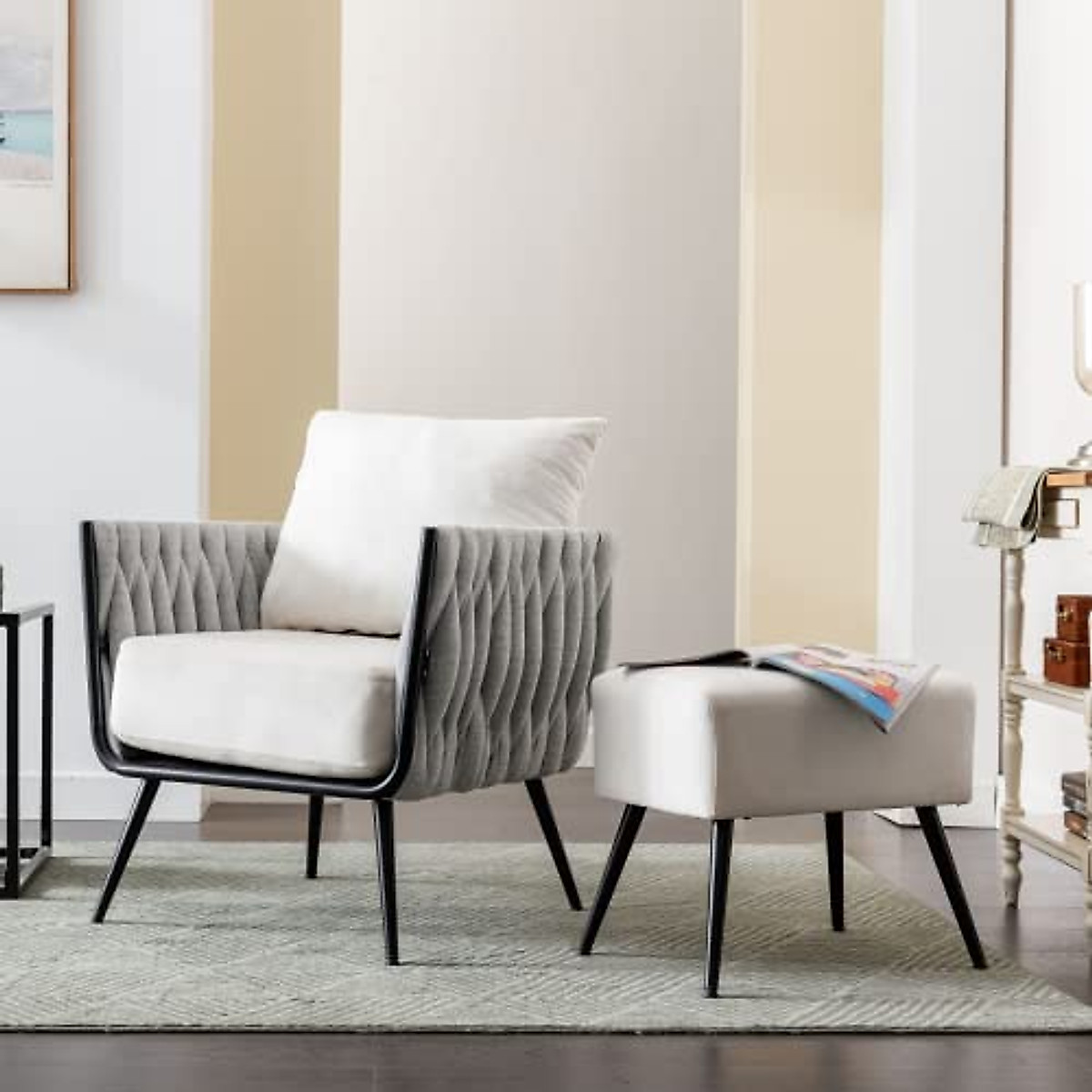 LukeAlon Velvet Accent Chair with Ottoman Set, Linen Weaved Back Living Room Chair with Metal Legs Upholstered Reading Chair with Armrest for Study Room Reception Room, Grey & Beige