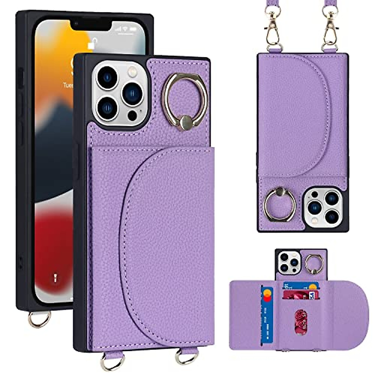 Lipvina for iPhone 13 Pro Max & iPhone 12 Pro Max Crossbody Wallet Case with Credit Card Holder,Lanyard Strap,360°Rotating Ring Kickstand,Flip PU Leather Girl's Phone Casas for Women Lady(Purple)