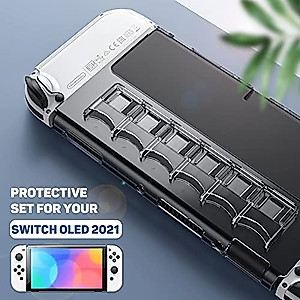 MoKo Case Compatible with Nintendo Switch OLED Model 2021, PC Protective Accessories Cover Case with 6 Game Card Slots and 6 Thumb Caps & 2 Tempered Glass Screen Protectors, Clear+Blue
