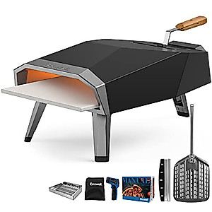 Ecowell EPO12L Outdoor Wood Fired-12 Outside, Pellet Oven with Pizza Stone/Peel/Cutter, Infrared Thermometer and Portable Cover, Black