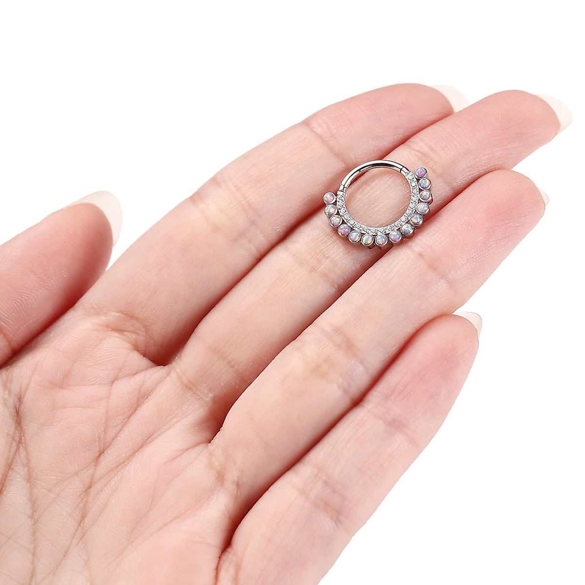 Septum Jewelry 16G Daith Earrings Surgical Steel Purple Opal Septum Rings Silver Nose Ring Hoop Opal Septum Clicker Ring Daith Piercing Jewelry Rook Helix Tragus Conch Cartilage Hoop Earrings 10mm