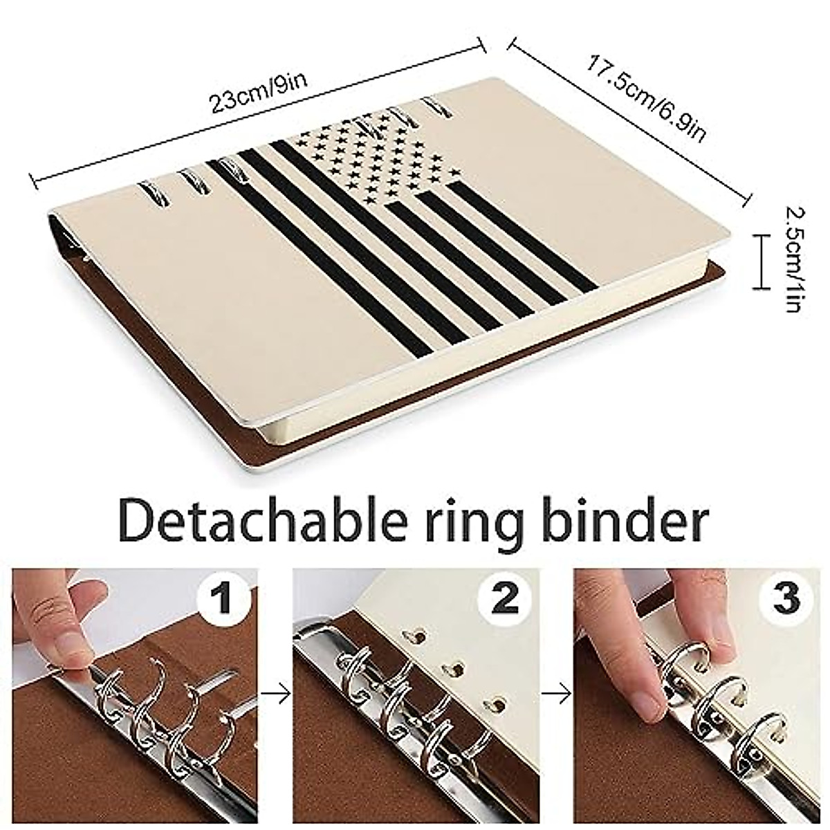 USA Black Flag Notebook Cover 6-Ring Binder Portable Planner Book Loose-Leaf Cover for Home Office