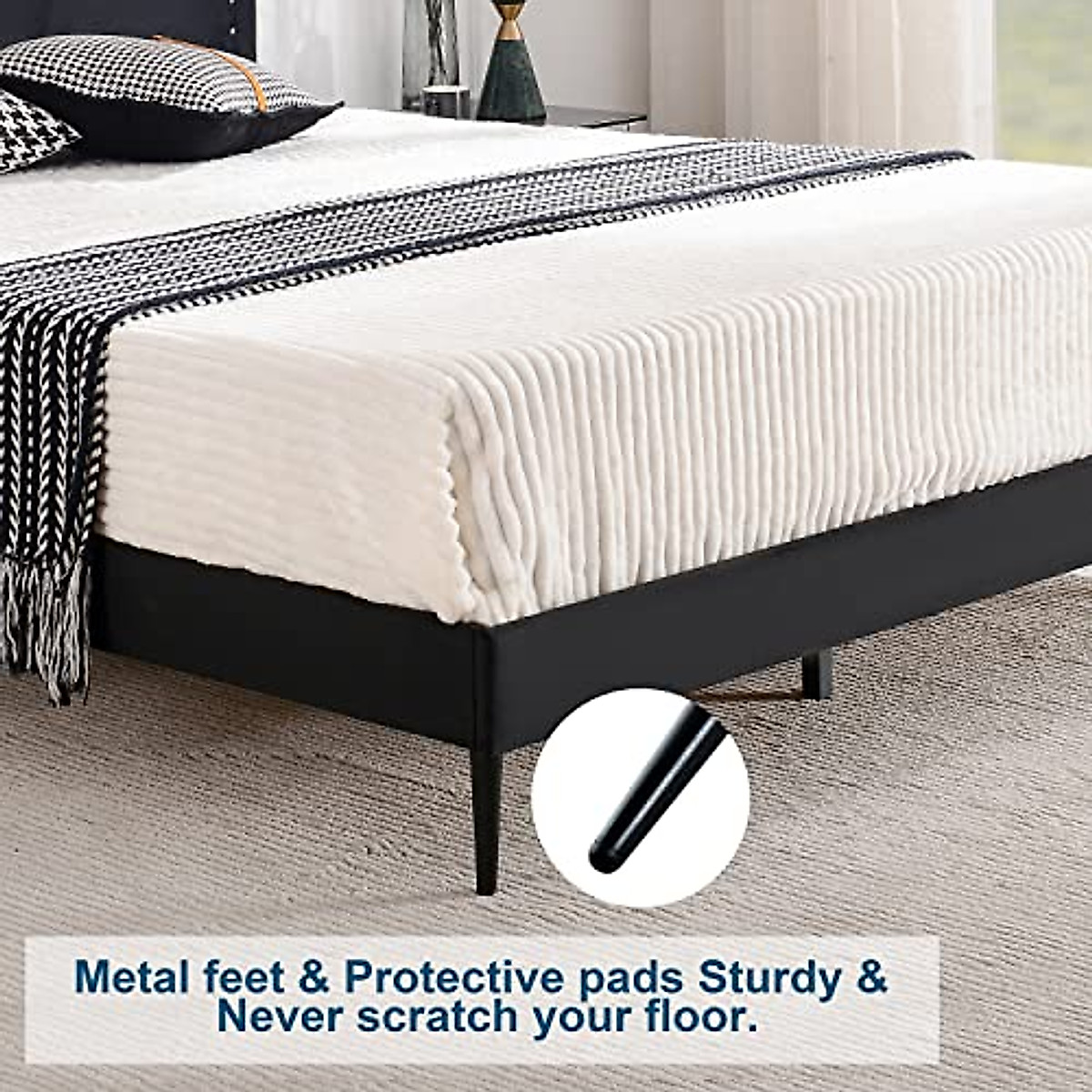 AsKmore Full Size Bed Frame,Velvet Upholstered Platform Bed with Decorative Flower Line & Nailhead Trim Headboard with Wood Slat Support,No Box Spring Needed,Easy Assembly, Black