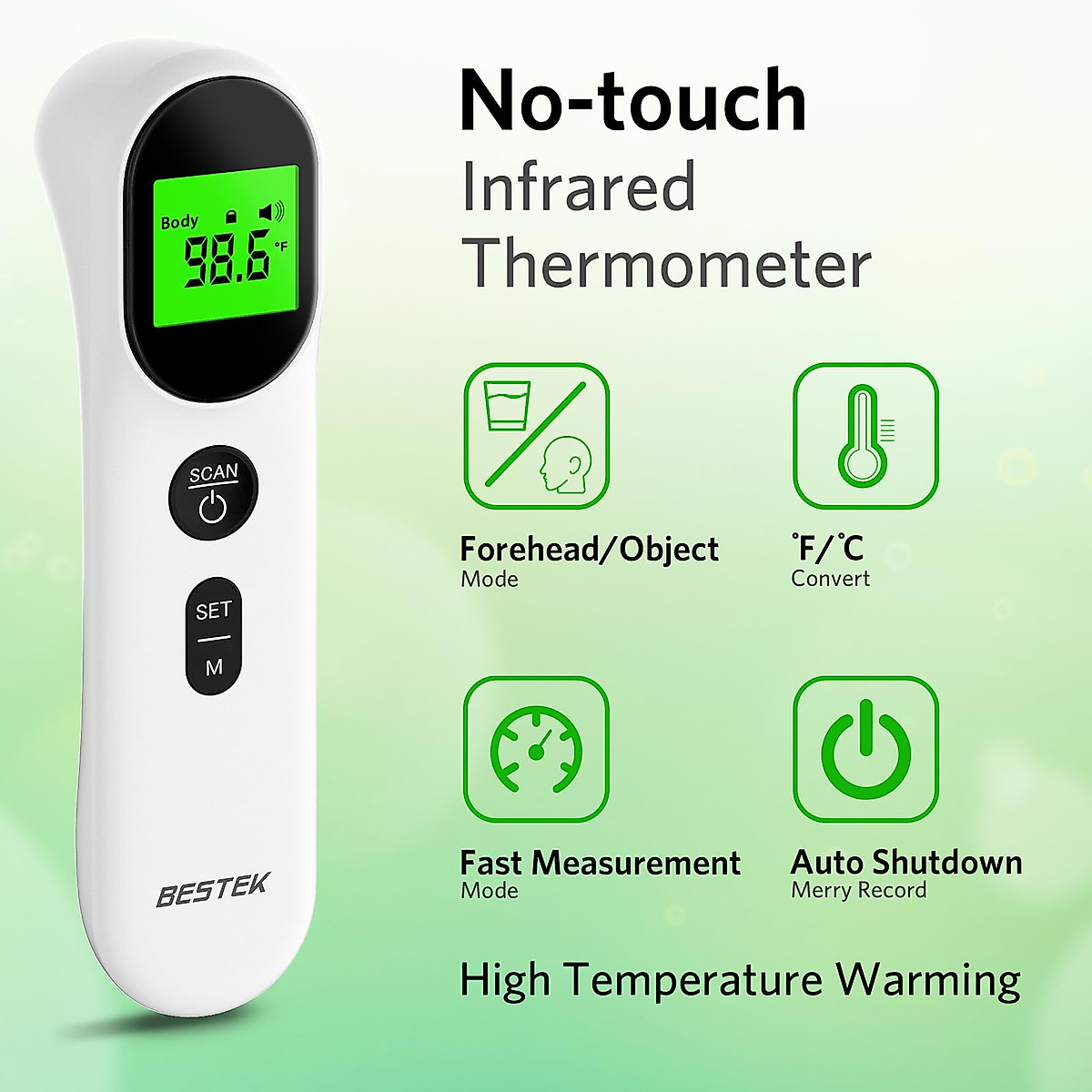BESTEK Forehead Thermometer, Thermometer No Touch for Adults and Kids, Large LCD Screen Digital Infrared Thermometer for Home with Fever Alarm, Non Contact with 3-Color Indicator for Home