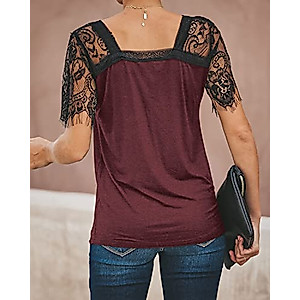 VNK Womens Lace Short Sleeve Shirts V Neck Casual Summer Tops Loose Fit Fashion Blouses Ladies Sexy Tshirts 2023 Wine Red Large