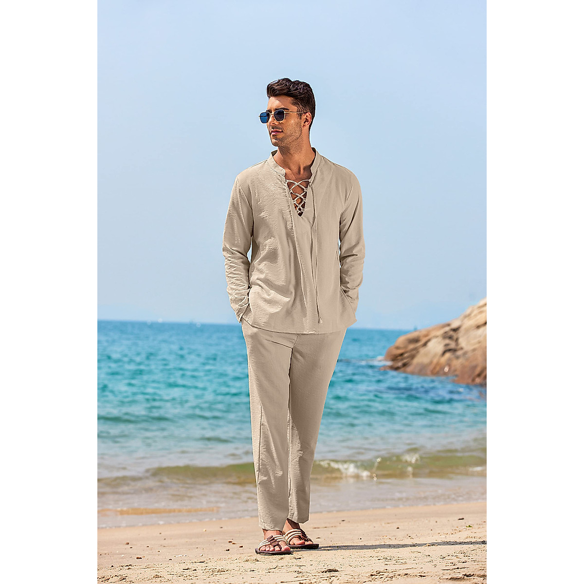 COOFANDY Men's 2 Piece Linen Set Long Sleeve Henley Shirts Casual Beach Pants With Pockets Summer Yoga Outfits
