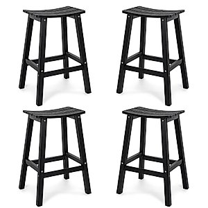 LAHAAP Weatherproof Bar Stools Set of 4, 28" Height Outdoor Bar Stools Holds up to 400 lbs, Saddle Seat, Bar Height Stools for Patio, Garden, and Kitchen Island, Black