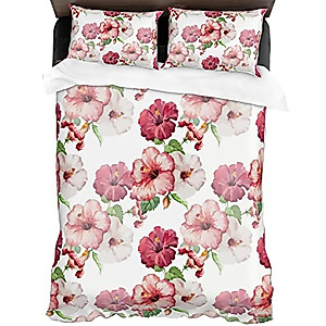 DamnGud Flowers Bedding Set Pink Flowers Duvet Cover Red Flowers Comforter Cover Full Size Quilt with 2 Pillowcases Soft Microfiber (no Comforter)