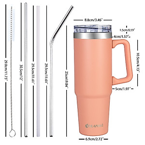 AQUAPHILE 35oz Tumbler with Handle, Insulated Coffee Tumbler with Leak-proof Lid and Straw, Reusable Stainless Steel Water Bottle, Double Wall Travel Coffee Mug for Hot&Cold Drinks(Peach Pink)