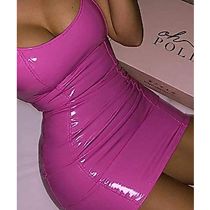 SEMATOMALA Women's Scoop Neck Latex Bodycon Dress Shiny Metallic Strap Shoulder Slim Fitted Club Party Mini Dresses(PI,L)