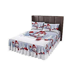 AMZRicher Winter Snowman Wrap Around Pleated Bed Skirts for Twin XL Bed 39x80, Decorative Dust Ruffle Bed Sheet & Bedskirt 18'' Drop Bedspread with Pillow Case 20x30 Christmas Forest Snowy Tree