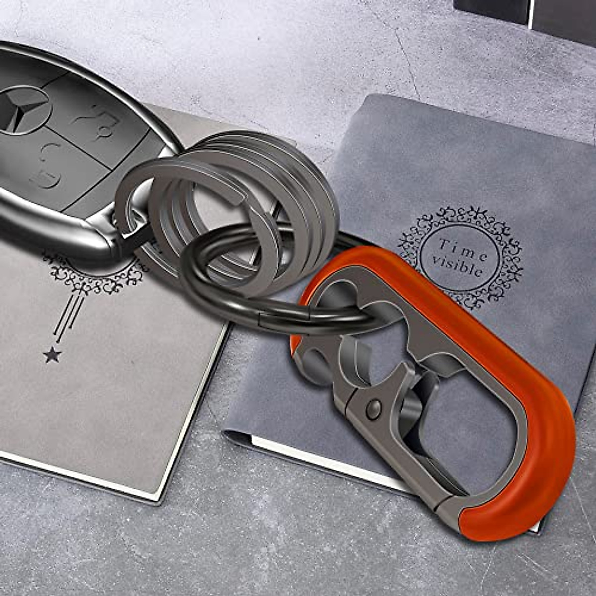 LDJZON Heavy Duty Key Chain Bottle Opener Quick Release Car Keychain with 4 Key Rings for Men and Women (Dark Grey&Orange)