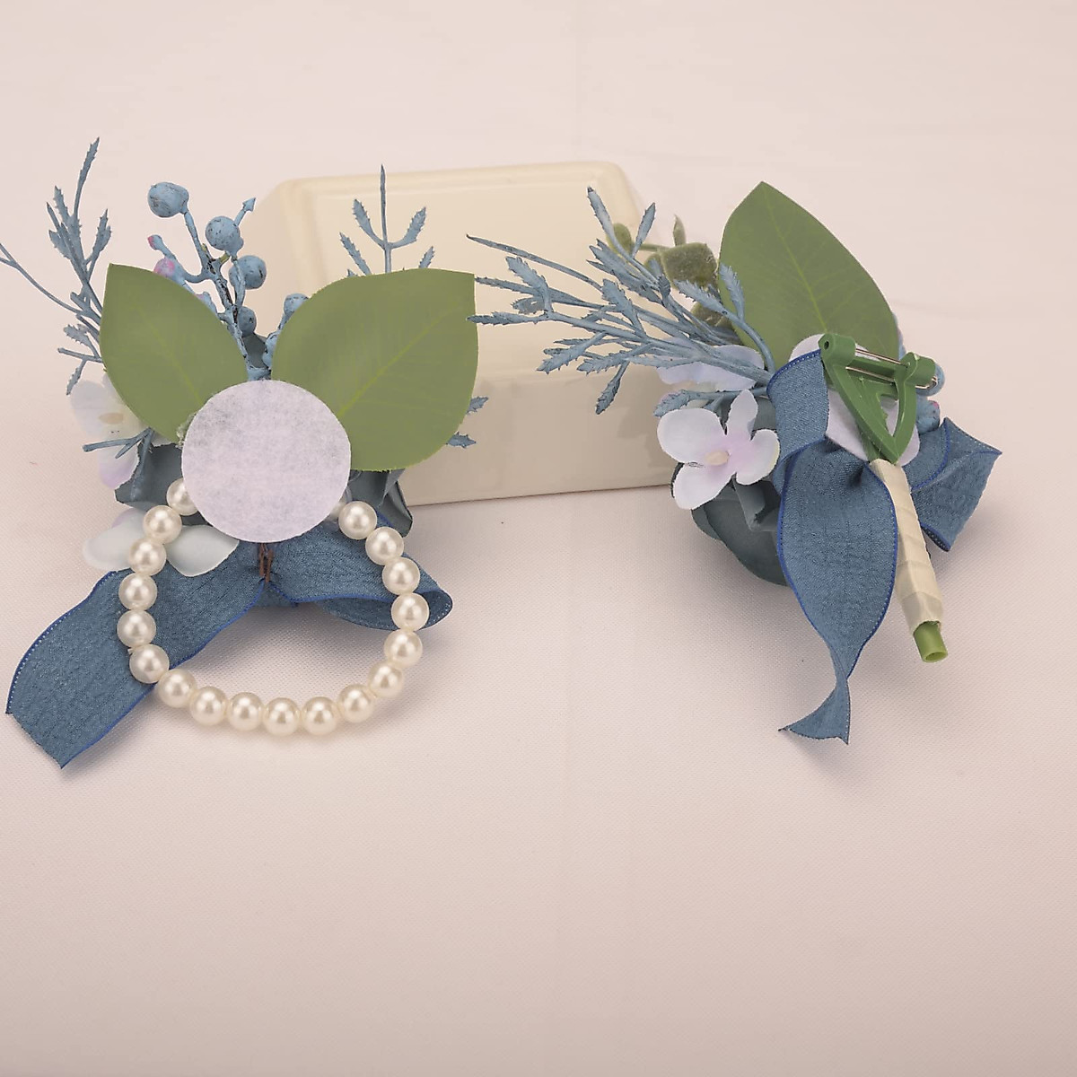 Weslymoo Dusty Blue Rose Wrist Corsage and Boutonniere Set Artificial Prom Flower Corsage Wristlet Band Bracelet Wedding Accessories Prom Decorations