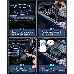 Upgraded Bluetooth FM Transmitter for Car, Car Bluetooth Adapter, Freapp Wireless Car Radio Transmitter, QC3.0 Quick Charge, Handsfree Call/TF Card & U Disk Car Music Adapter Player,Voice Assistant