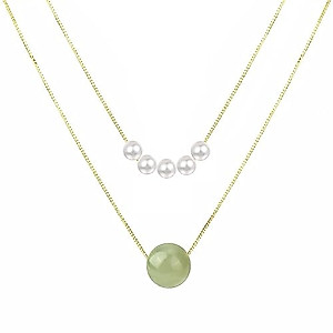 FOOIND Real Natural Hetian Jade Necklace for Women Girl, Handmade Crystal Pearl Green Jade Necklace Choker Pendant as Gift for Friends, Mother, Lover (925 Sterling Silver with Real Gold Plated)