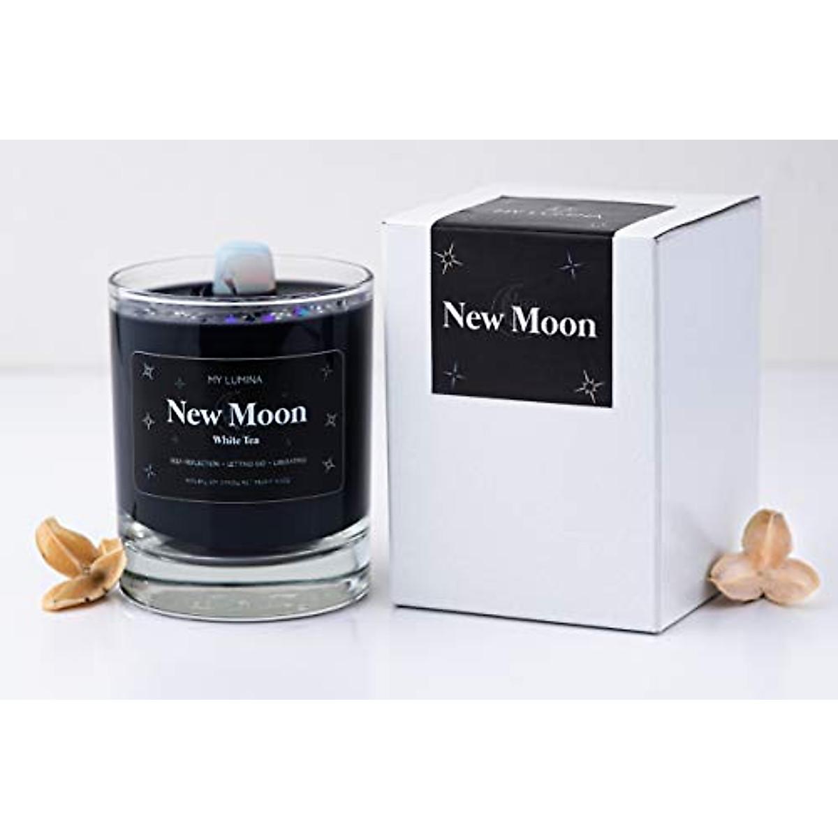 My Lumina New Moon Aromatherapy Candle w/Moonstone Crystal Inside -Natural Stone Healing Energy, Stress Relief, Relaxing & Balance- Soy Wax Scented Candle Home - Gift for New Beginnings - Night Black