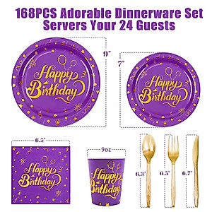 168PCS Purple Birthday Decorations, Purple and Gold Birthday Plates and Napkins Party Supplies--Disposable Purple Birthday Paper Plates,Cup,Napkin,Cutlery for Purple and Gold Birthday Party Decoration
