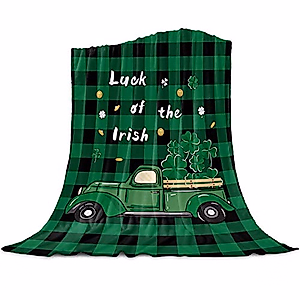 St. Patrick's Day Blankets Truck with Green Shamrock Throw Blankets Soft Lightweight Flannel Blanket Cozy Gold Coin Green Buffalo Check Plaid Blanket for Home Spring Holiday Decoration 40x50inch
