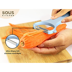 Sous Kitchen Veggie Peeler Julienne Peeler & Fruit Peeler Set of 3 - Vegetable Peelers for Kitchen - Potatoes Peeler With Sharp Peeler Blades - Speed Peeler With Ergonomic Handles & Swivel Blades