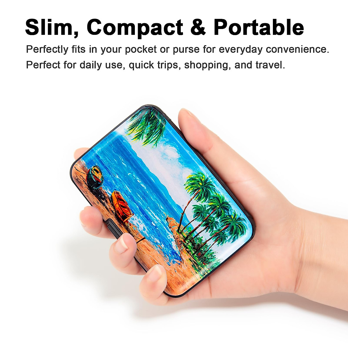 Kaabao Credit Card Holder Small RFID Blocking Wallet Business Metal Slim Mini Aluminum Hard Case for Women Men Gift (Paradise Tropical Island Beach)