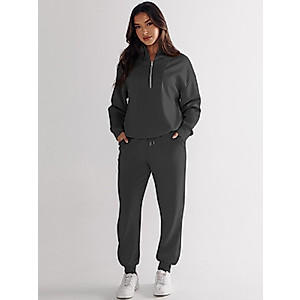 ANRABESS Women's 2 Piece Outfits Sweatsuit Half Zip Sweatshirt Jogger Sweatpant Trendy 2025 Fall Lounge Set Tracksuit Clothes Black Large