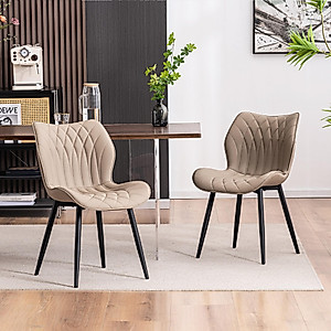 YOUNIKE Dining Chairs Set of 2, Upholstered Leather Kitchen Dining Room Chairs, Modern Living Room Bedroom Side Chairs with Wide Curved Back and Metal Legs, Kitchen Chairs Khaki Taupe