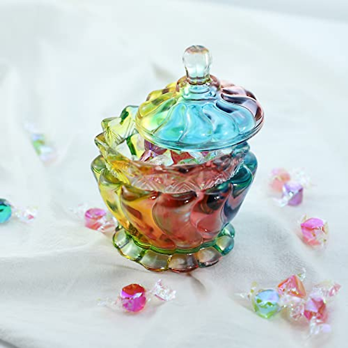 SOCOSY Royal Embossed Clear Glass Apothecary Jar With Lids, Candy Jar Containers Wedding Candy Buffet Jars Crystal Jewelry Box Food Jar 7oz