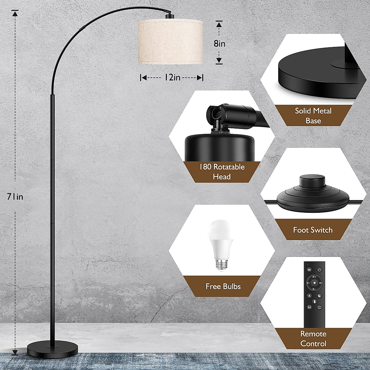 Arc Floor Lamps for Living Room, Modern Remote Control Standing Lamp with Stepless Dimmable, Black Tall Floor Lamp,Over Couch Arched Reading Light for Bedroom, Office(Bulb Included)