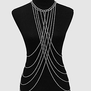 Bounzhi Harness Body Chain Bra Crossover Sexy Body Jewelry Bikini Chains Necklace for Women(Silver)