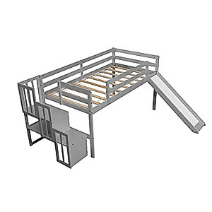 MOEO Twin Size Loft Bed with Slide and Stairs, Wood Bedframe Bedroom Guest Room Furniture,Safety Rail & Storage Shelves for Kids Teens Girls Boys, No Box Spring Needed, Gray
