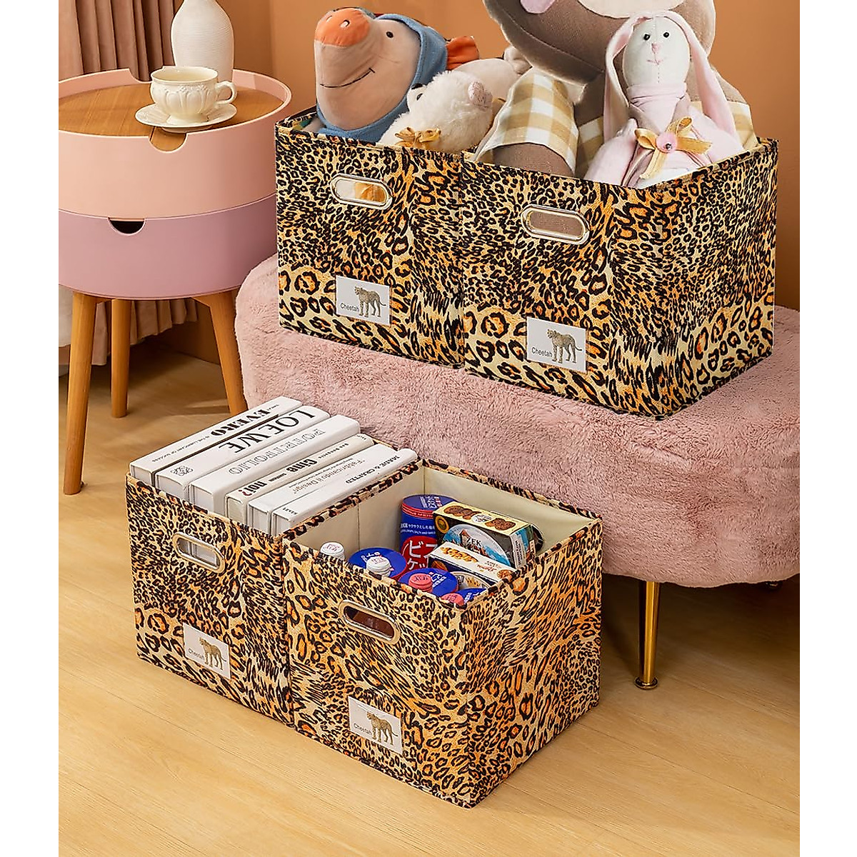 BeigeSwan Foldable Animal Leopard [Set of 4] Cube Storage Bins, Collapsible Fabric Organizer Container Boxes w/ Handles – 11 x 11 x 11 Inches