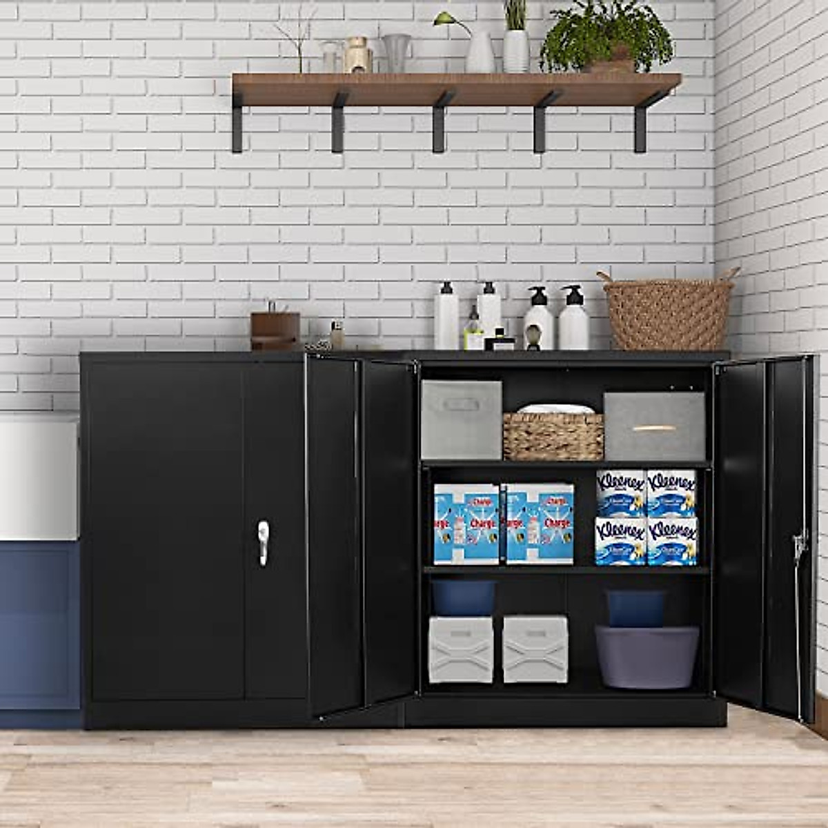 INTERGREAT Metal Storage Cabinet with Locking Doors, Lockable Steel Storage Cabinet with 2 Doors and Shelves, Black Metal Cabinet with Lock, Small Steel Cabinet for Home Office, Garage, Shop