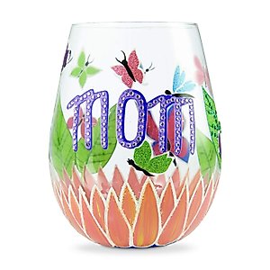 Enesco Designs by Lolita Mom You Helped Me Fly Hand-Painted Artisan Stemless Wine Glass, 1 Count (Pack of 1), Multicolor