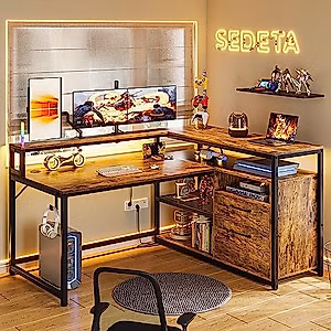 SEDETA L Shaped Computer Desk, 59'' Corner Office Desk, Office Desk with Drawers, Legal/Letter/A4 File Drawers, Headphone Hook and Monitor Shelf, Home Office Desks for Printer, Rustic Brown