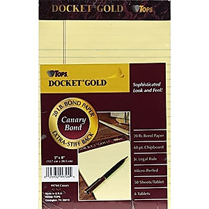 Tops™ Docket Gold™ Premium Writing Pads, 5" x 8", Jr. Legal Rule, Canary, 50 Sheets Per Pad, Pack Of 6 Pads