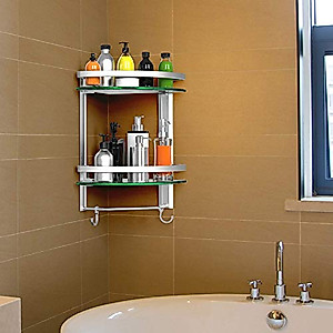 Vdomus 2 Tier Glass Corner Shelf, Bathroom Organizer Shower Caddy, Shower Shelve with Towel bar Wall Mounted, Glass Bathroom Shower Shelf Brushed Silver Finished