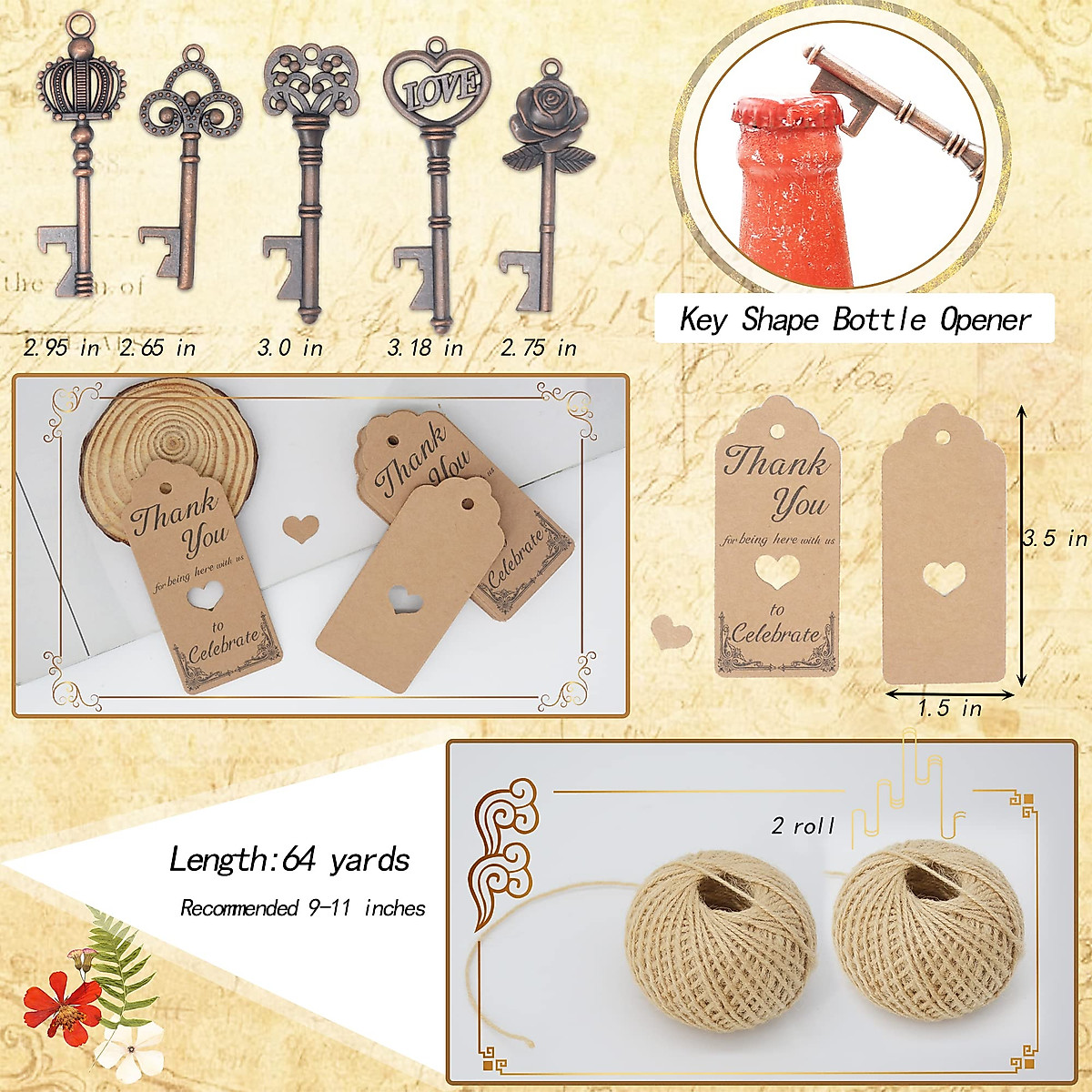 Aokbean 100pcs Wedding Party Gifts Favors for Guests Mixed Skeleton Key Bottle Opener with Thank You Cards and Hemp Rope for Birthday Housewarming Bridal Showers (Copper)