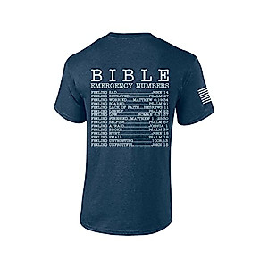 Mens Christian Bible Emergency Numbers Scripture Short Sleeve T-Shirt Graphic Tee-Heather Navy-Small