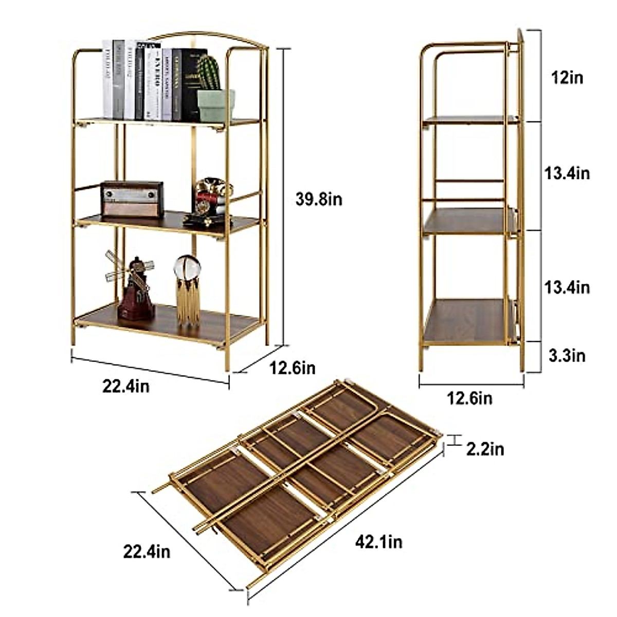 Crofy No Assembly Folding Bookshelf, 3 Tier Gold Bookshelf, Metal Book Shelf /Bookcase for Office Organization and Storage, 12.6 D x 22.44 W x 42.13 H Inches