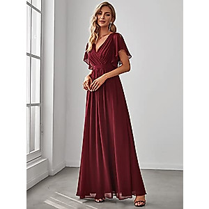 Ever-Pretty Women's Maxi A-Line V-Neck Ruffle Sleeves Summer Prom Dresses Long Burgundy US12