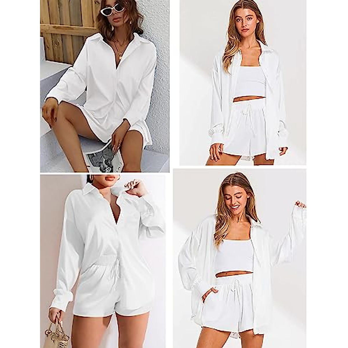 SWOMOG Women's Silk Lounge Sets 2 Piece Outfit Pajama Set Satin Button Down Tops Summer Silk Long Sleeve Shirts with Pocket White