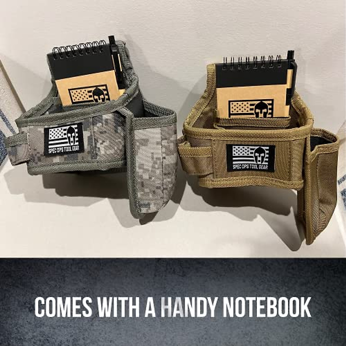 SOTG Tape and Tool Holder with Notebook, Functional Belt Attachment for Tape Measure, Utility Knife, Pens, Coyote Tan