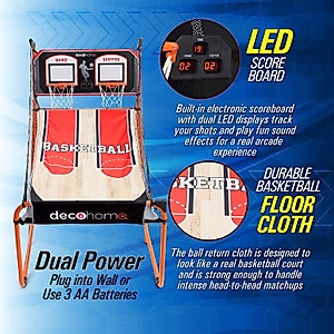 Deco Home Arcade Basketball Game with Dual Rim Backboard, Includes Electronic Tracking LED Scoreboard with 8 Game Modes for 1-4 Players, 5 Game Balls, Air Pump, Folding Assembly for Easy Storage